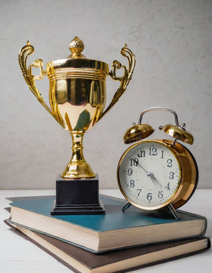 Gold Trophy Sits on Top of Books Next To an Alarm Clock Stock ...