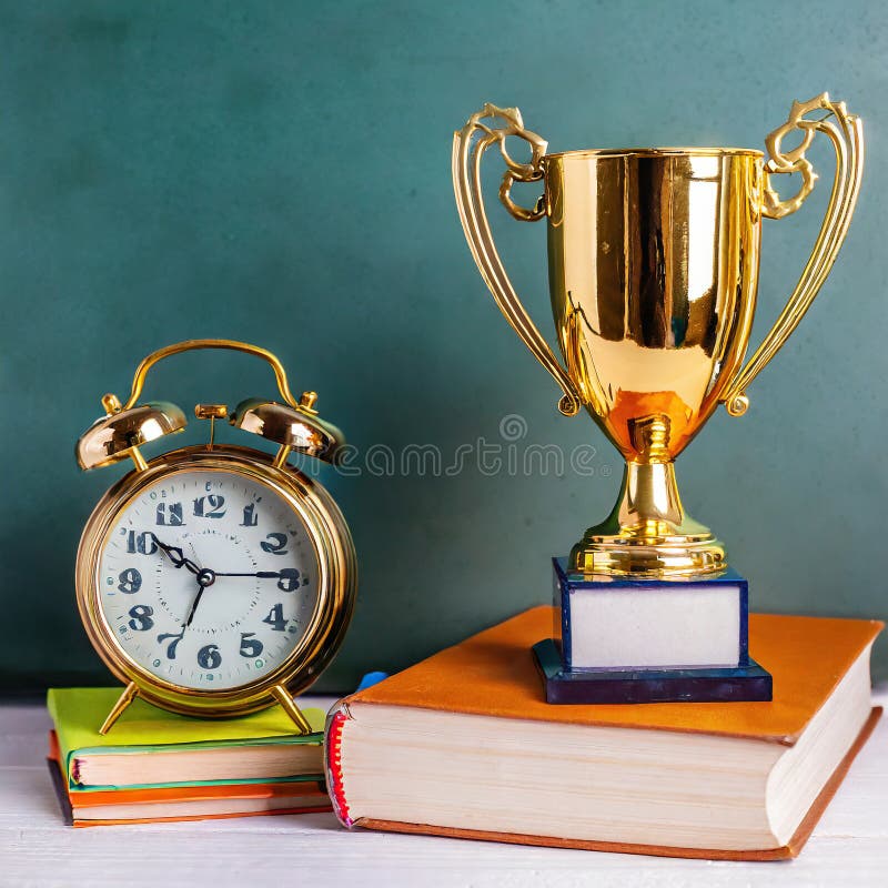 Gold Trophy Sits on Top of Books Next To an Alarm Clock Stock ...