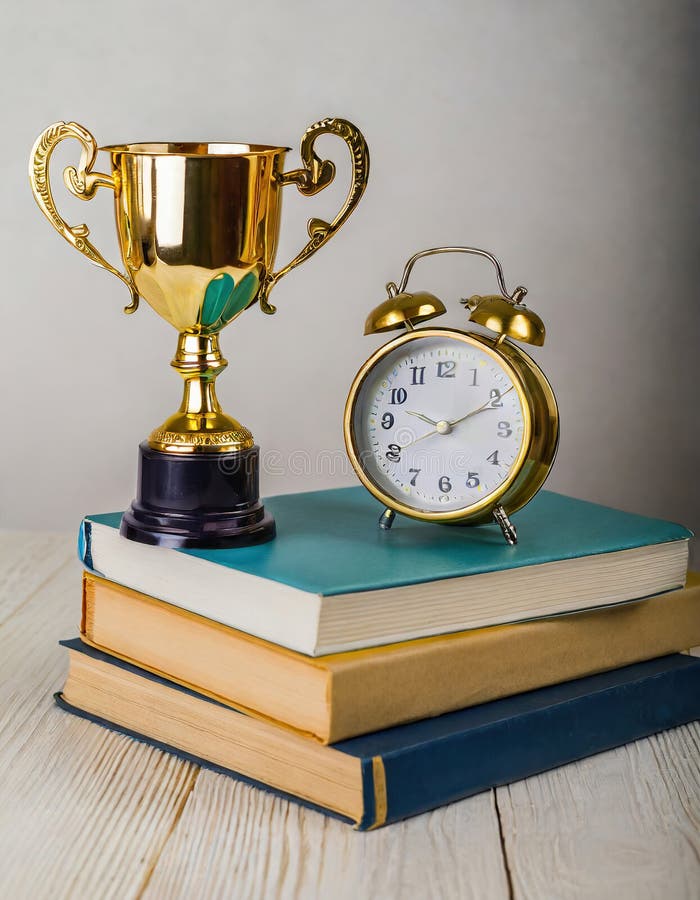 Gold Trophy Sits on Top of Books Next To an Alarm Clock Stock ...