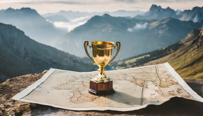 Gold Trophy Sits on Top of an Old Map with Mountains in the Background ...