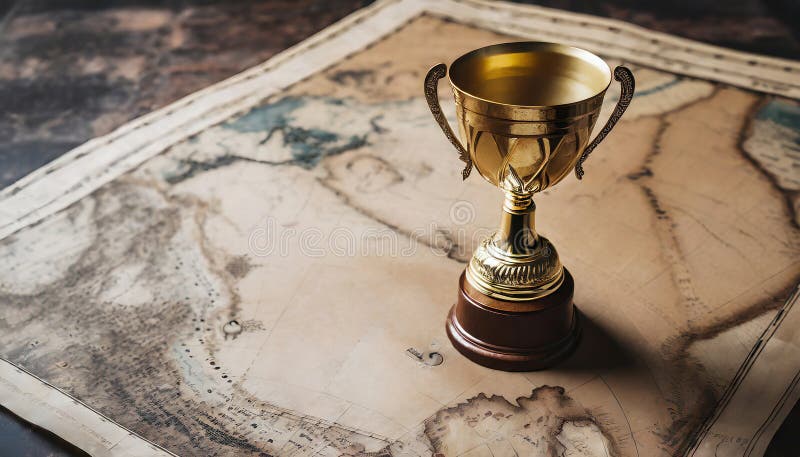 Gold Trophy Sits on Top of an Old Map with Mountains in the Background ...