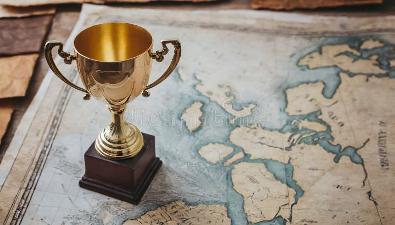 Gold Trophy Sits on Top of an Old Map with Mountains in the Background ...