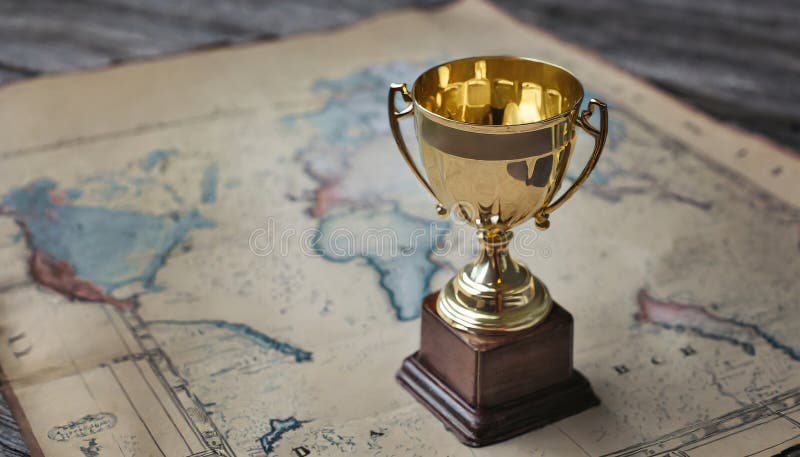 Gold Trophy Sits on Top of an Old Map with Mountains in the Background ...