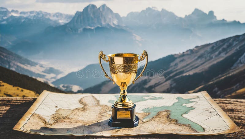 Gold Trophy Sits on Top of an Old Map with Mountains in the Background ...