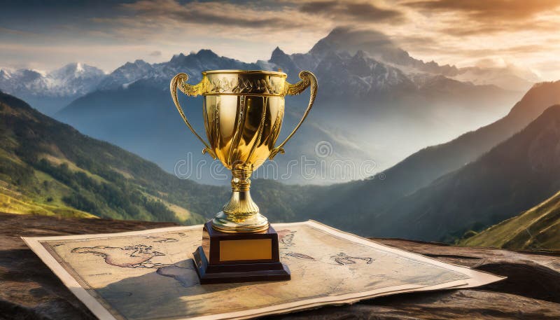 Gold Trophy Sits on Top of an Old Map with Mountains in the Background ...