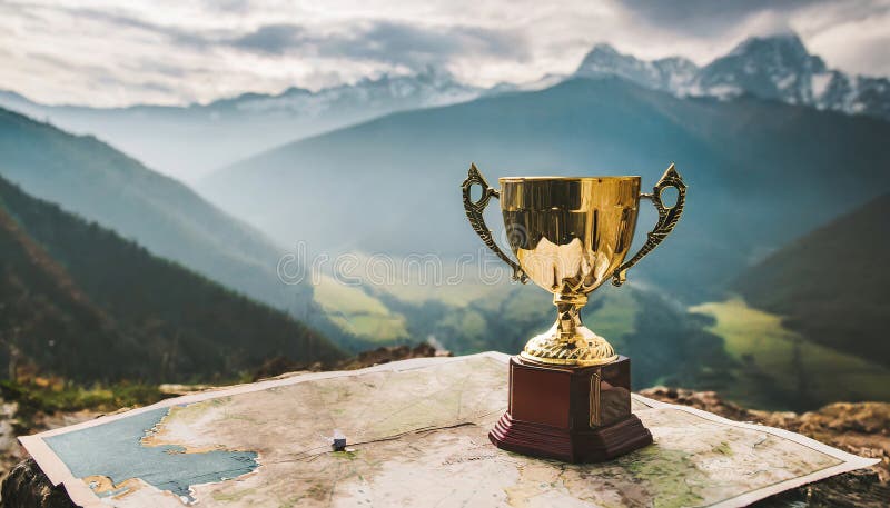 Gold Trophy Sits on Top of an Old Map with Mountains in the Background ...