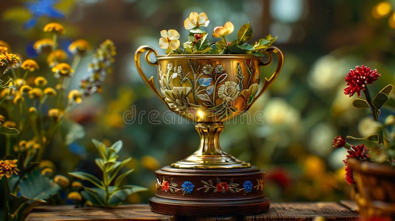 A Gold Trophy is Sitting on Top of a Wooden Table Stock Image - Image ...
