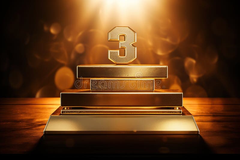 Gold Trophy for Third Place. the Number Three is on a Golden Pedestal ...