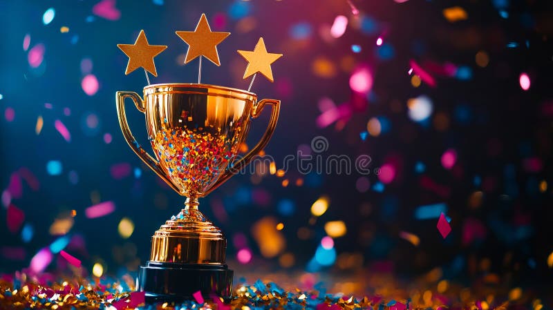 A Gold Trophy with Three Stars on Top of it Surrounded by Confetti ...