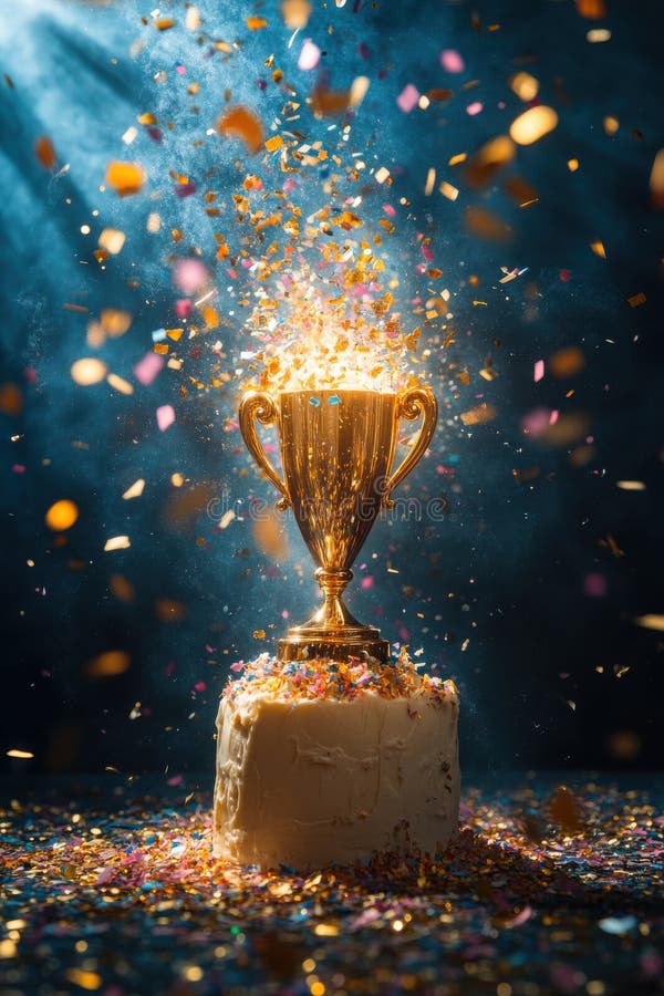 A Gold Trophy is on Top of a Cake with Confetti Around it Stock Image ...