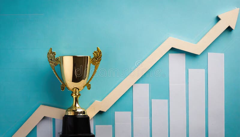 Gold Trophy on Top of Financial Graphs with an Arrow Pointing Up Stock ...