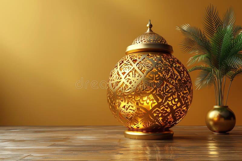Gold Vase with a Plant in it on a Table Islamic Banner Space for Text ...