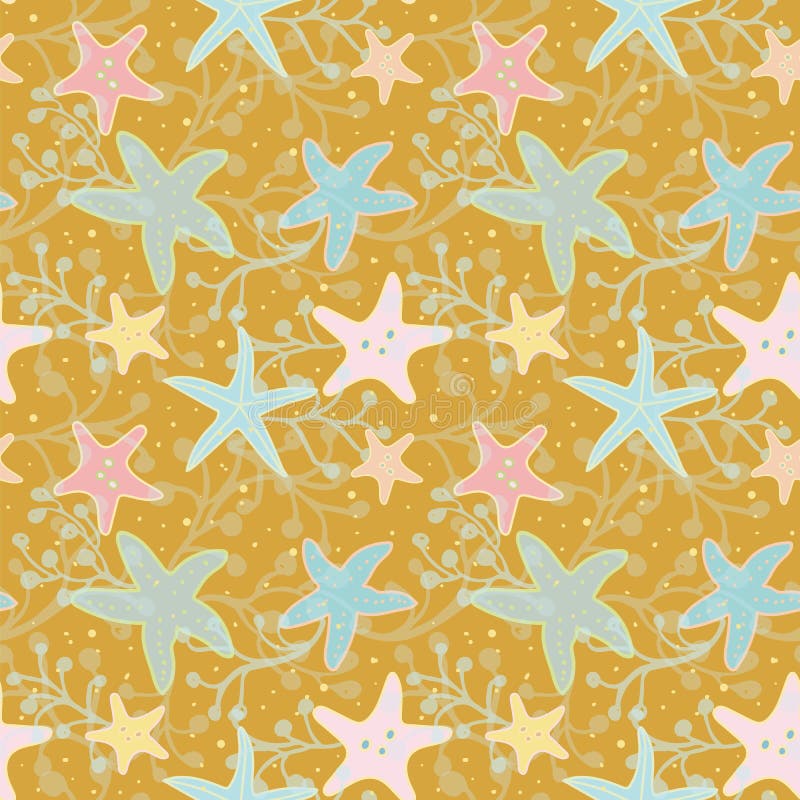 Gold Pattern with Seaweed and Starfish. Stock Vector - Illustration of ...