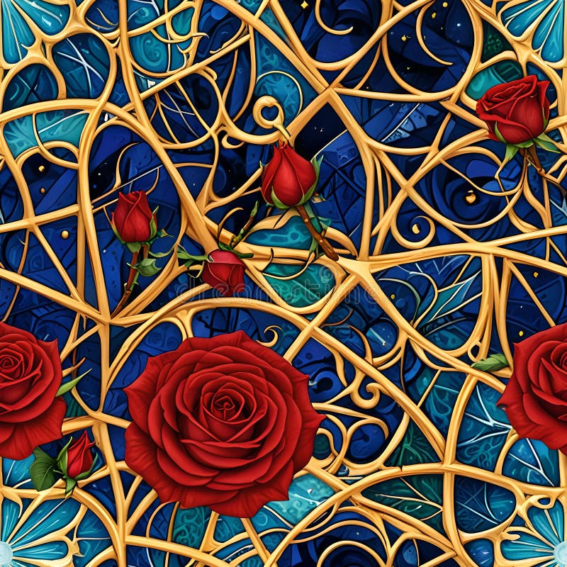 Gold Vines and Red Roses on Navy Background Pattern Stock Illustration ...