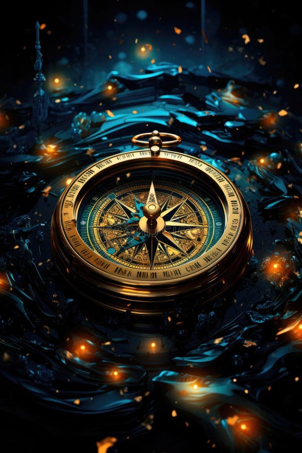Gold Vintage Compass on a Blue Background with Lights Stock ...