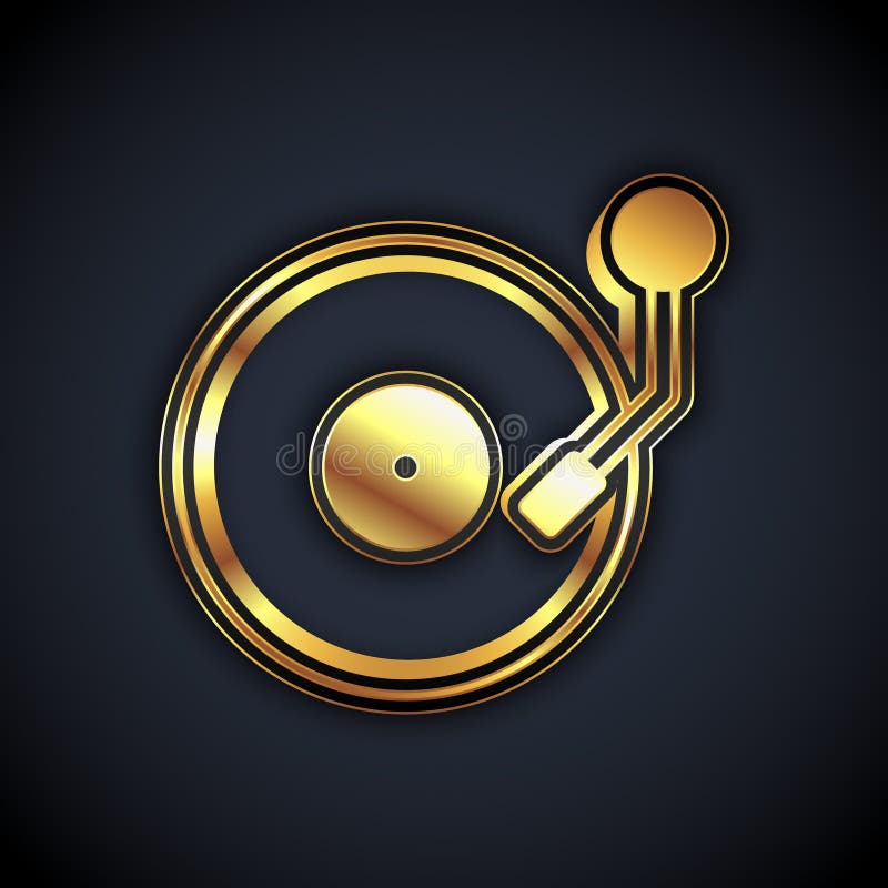 Gold Vinyl Player with a Vinyl Disk Icon Isolated on Black Background ...