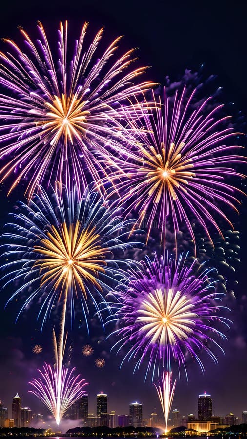 Gold and Violet Fireworks Bursting in the Night Sky, Creating a ...