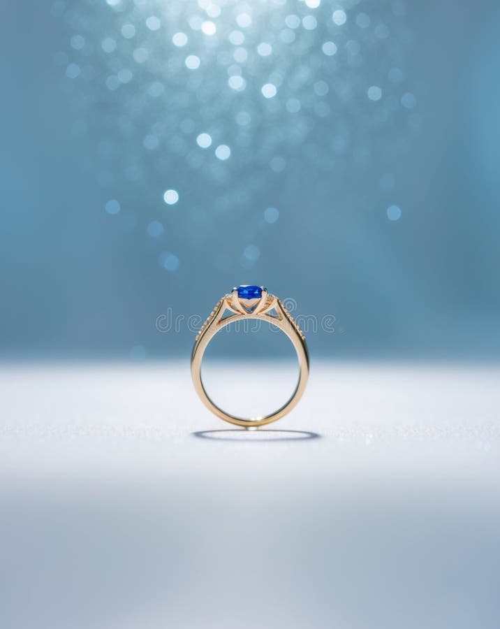 Gold Wedding Ring with Blue Gemstone on Magical Blurred Blue Glowing ...