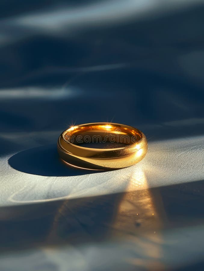 A Gold Wedding Ring with a Shiny Reflection on a Surface. Stock Image ...