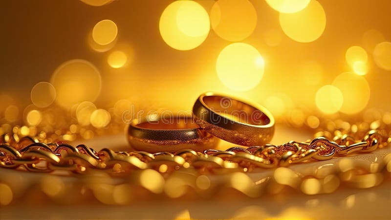 Gold Wedding Rings on Golden Chain with Bokeh Background. Stock ...