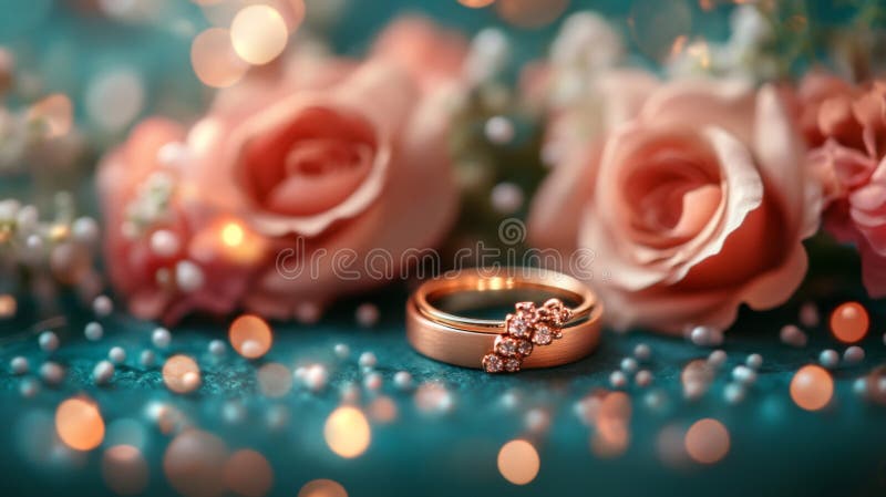 Gold Wedding Rings with Peach Roses on Teal Background Stock ...