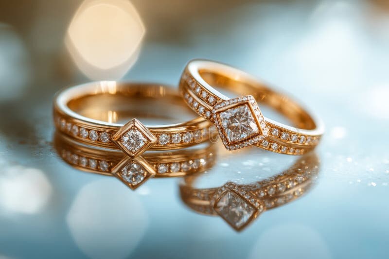 Gold Wedding Rings on Reflective Surface Stock Illustration ...