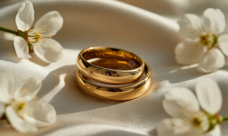 Gold Wedding Rings on Silky Fabric with Delicate White Cherry Blossom ...