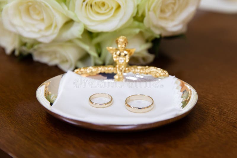 Gold Wedding Rings on Stand for Rings Stock Image - Image of fashion ...