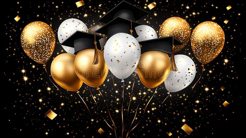 Gold and White Balloons with Graduation Caps Stock Illustration ...