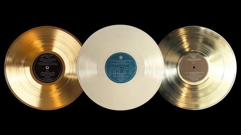 Gold, White, and Silver Vinyl Records on Black Background Stock ...