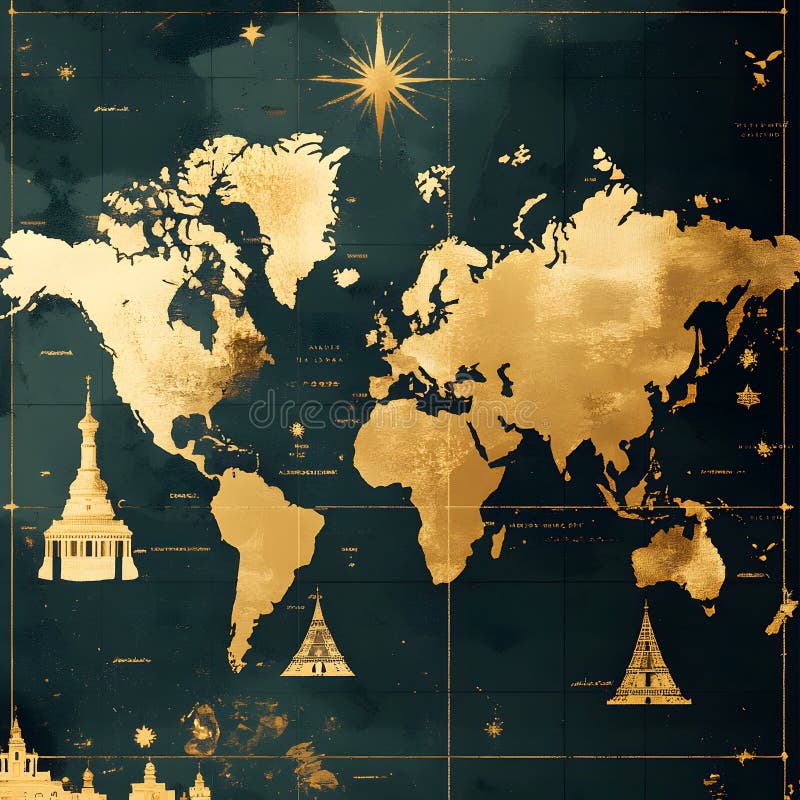 Gold World Map with Architectural Landmarks on Dark Teal Background ...