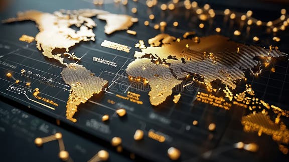 Gold World Map with Data Visualization and Geometric Patterns on Black ...