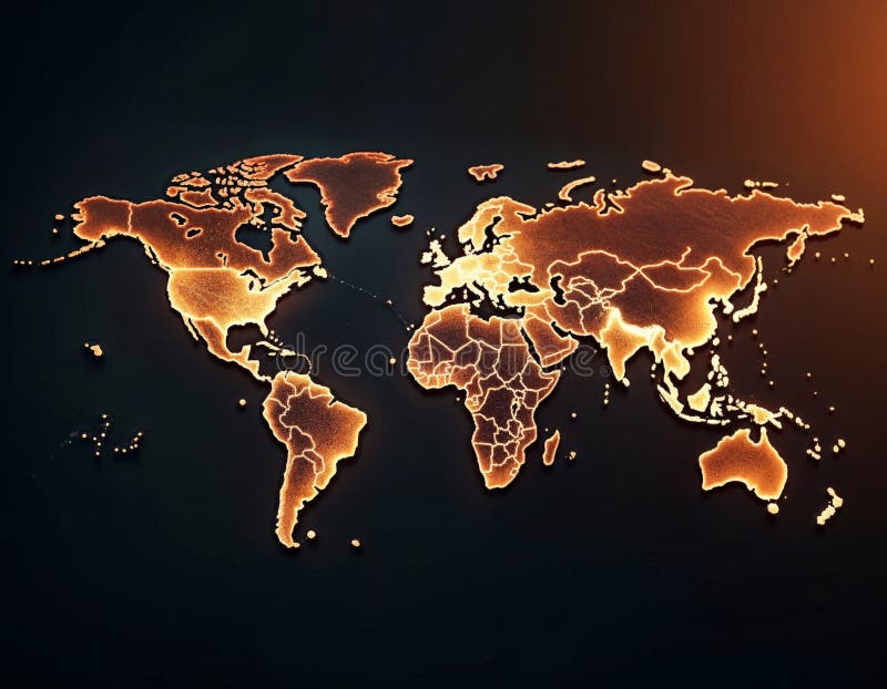 The Gold World Map is Glowing in the Dark Stock Illustration ...