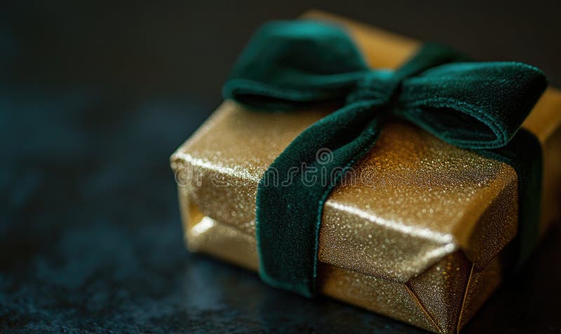 A Gold Wrapped Gift Box with a Green Bow on Top Stock Image - Image of ...