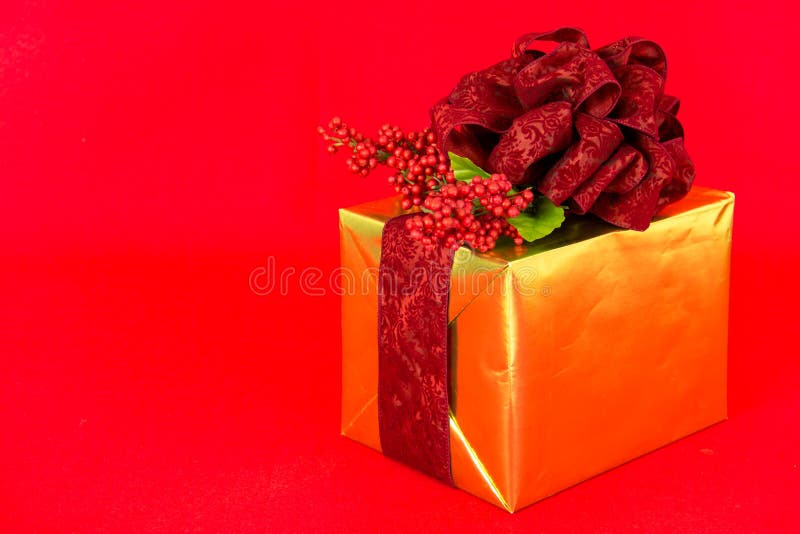 Gold-wrapped Gift with Red Damask Ribbon. Stock Photo - Image of ...