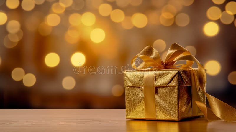 Gold Wrapped Present on Table with Christmas. Stock Illustration ...