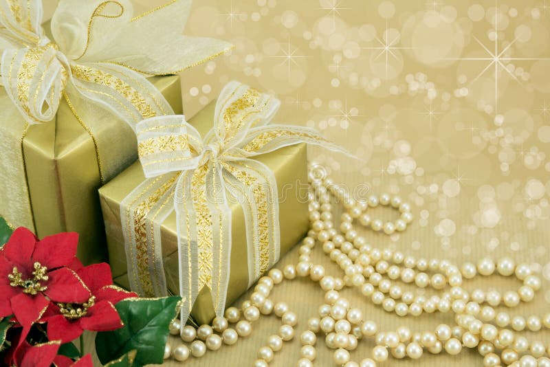 Gold Wrapped Presents with Pearls and Flowers Stock Image - Image of ...