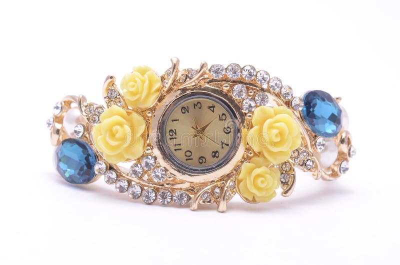 Gold Wrist Watch with Gems on White Stock Image - Image of gift, watch ...