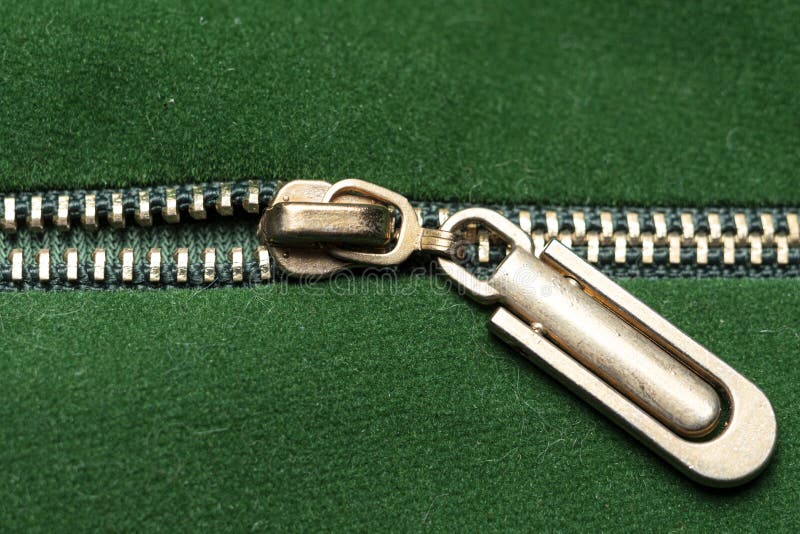 Gold Zipper Closed Binding. Green Textile Under High Magnification ...