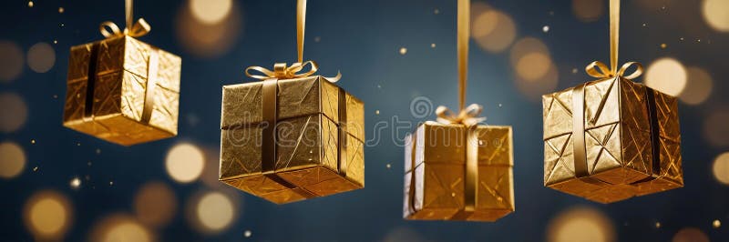 Golded Gift Boxes Hanging in Air, Levitation, Blurred Background with ...