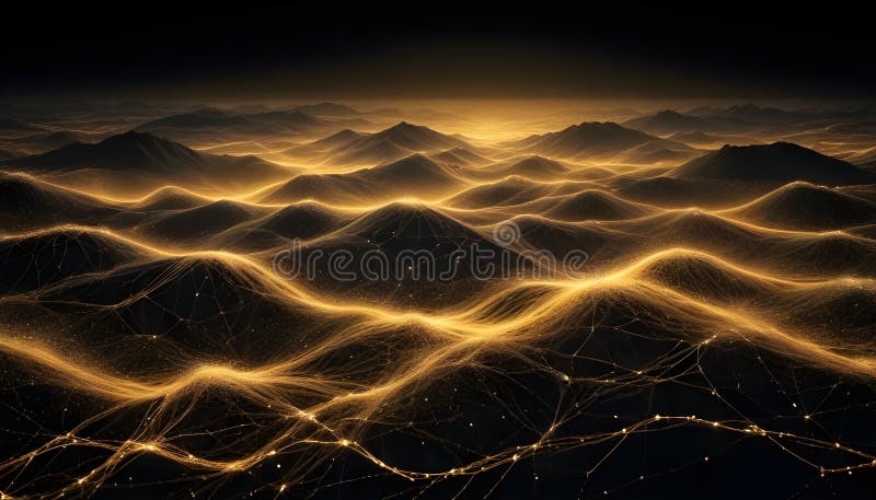 Golden, Abstract Landscape of Glowing Mountains with a Network of ...