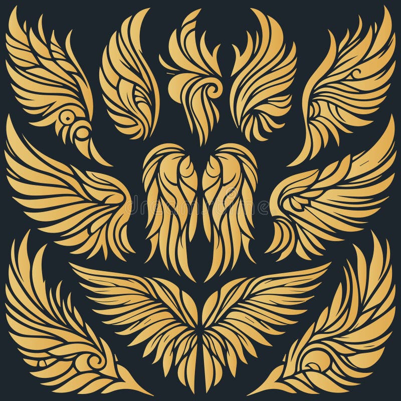 Golden Abstract Wing Designs Arranged in a Grid Pattern. Stock Vector ...