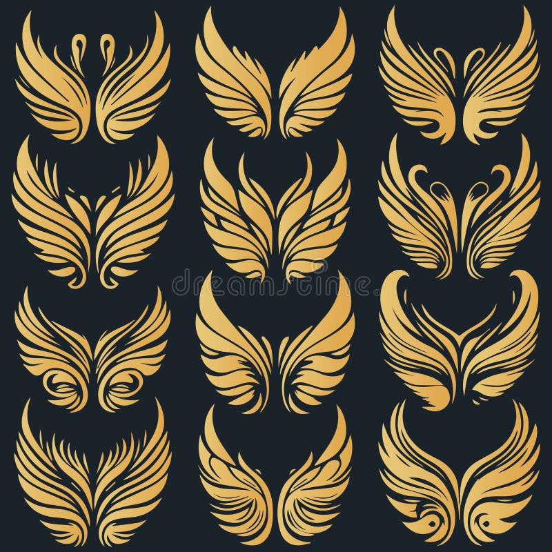 Golden Abstract Wing Designs Arranged in a Grid Pattern. Stock ...