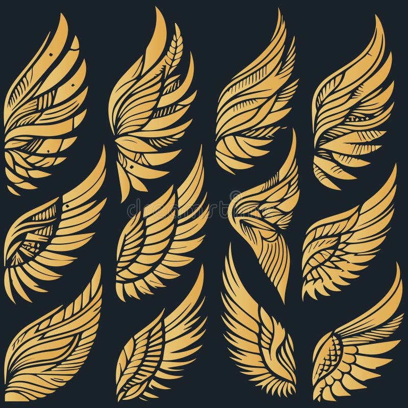 Golden Abstract Wing Designs Arranged in a Grid Pattern. Stock Vector ...
