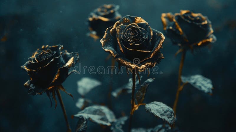 Golden Accented Dark Roses in a Mystical Setting Stock Illustration ...