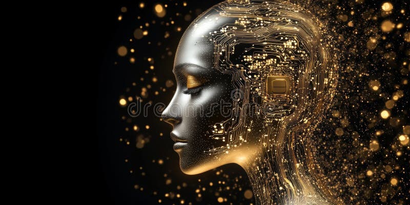 Golden AI Head with Circuitry, Symbolizing Digital Intelligence and ...