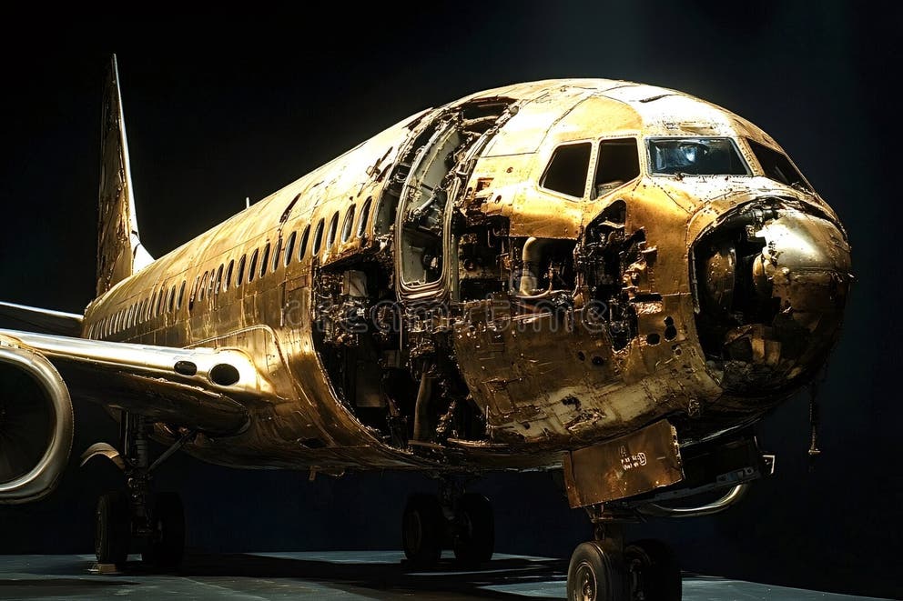 Golden Airplane Fuselage Showing Internal Structure in a Dark Room ...