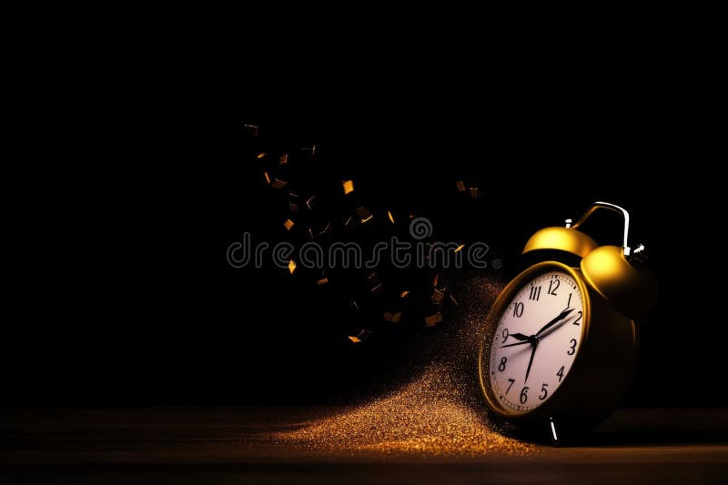 Golden Alarm Clock Disintegrating into Dust Symbolizing Passage of Time ...