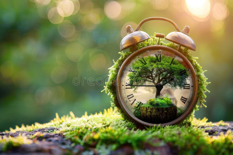 Golden Alarm Clock with a Tree Landscape Reflection Symbolizing the ...