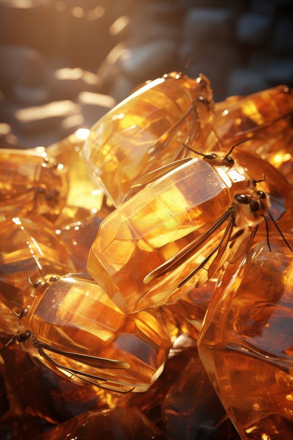 Golden Amber with Frozen Insects. Delicate Translucent Pieces Capturing ...